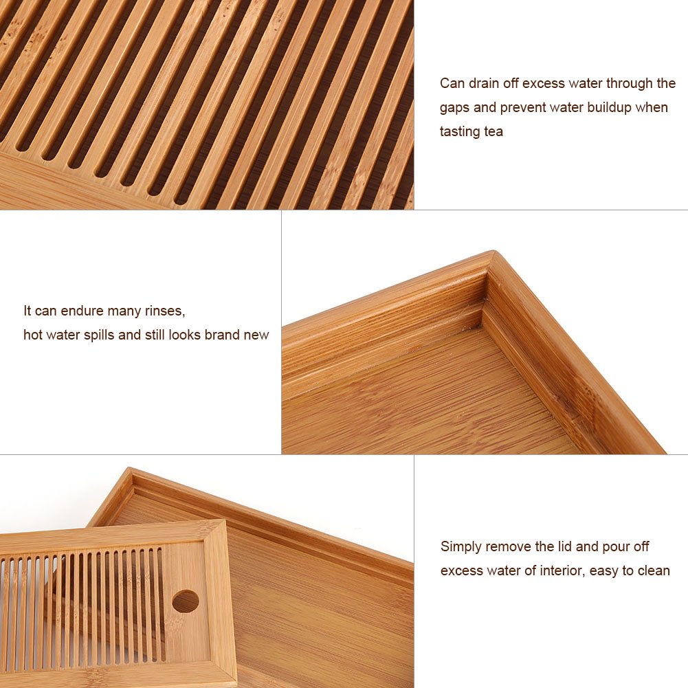 Zyyini Bamboo Tea Tray, Simple Tea Tray Premium Organic Multi-Functional Mini Bamboo Chinese Kongfu Tea Serving, Serving Tray Box Reservoir & Drainage Type for Teahouse