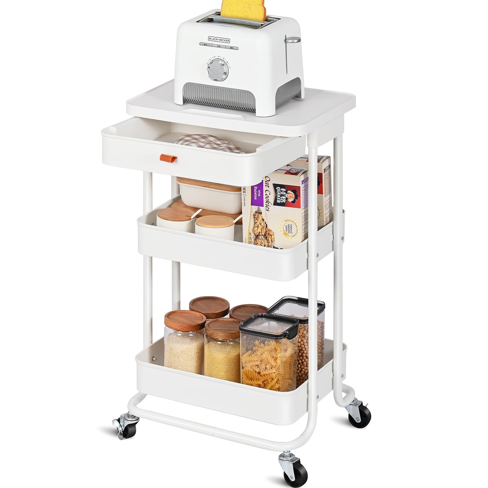 TOOLF Rolling Storage Cart with Drawer & Table Top, 3 Tier Metal Rolling Utility Cart, White Rolling Cart Organizer for Teacher Craft Baby Nursery, Utility Cart for Kitchen Bathroom Bedside Office