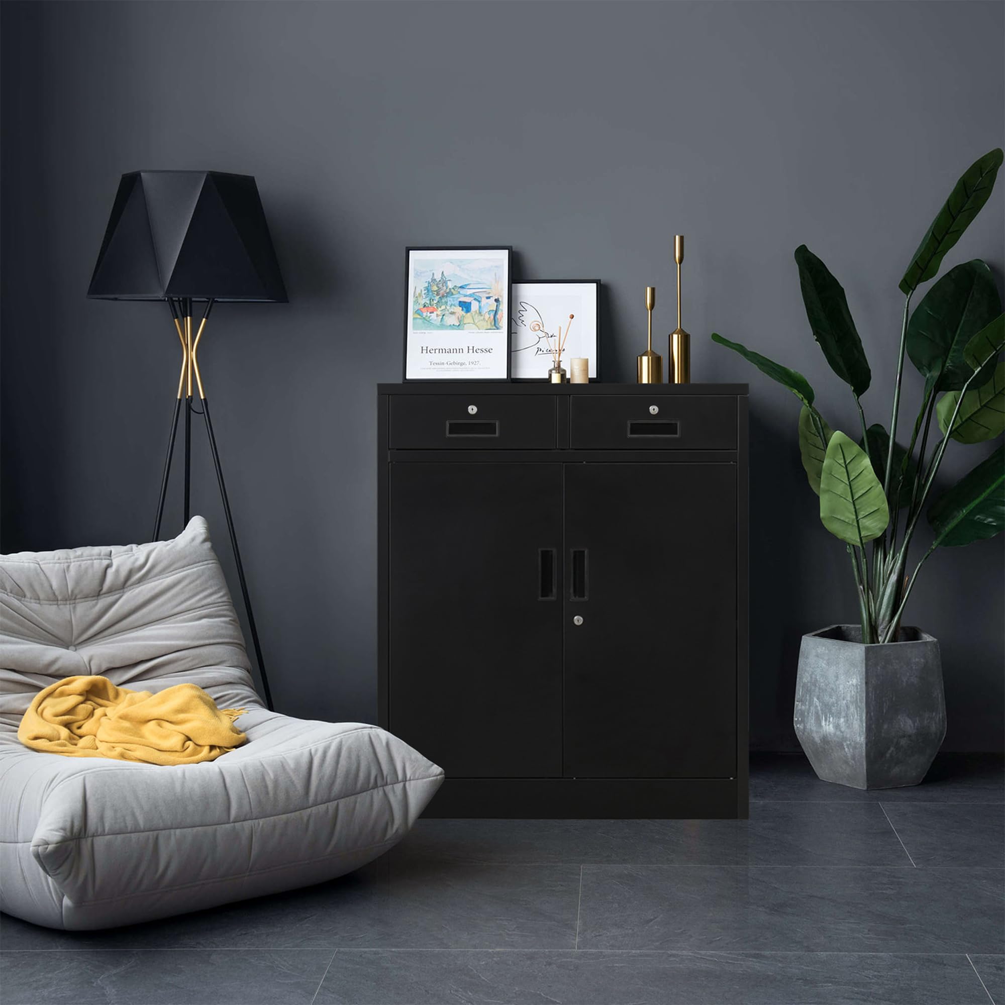 YEEZER Metal Storage Cabinet with 2 Drawers. Lockable Steel Storage Cabinet with Doors and Shelve, 37”H Office Cabinet for Home, Garage, Warehouse with Large Storage Space. (Black)