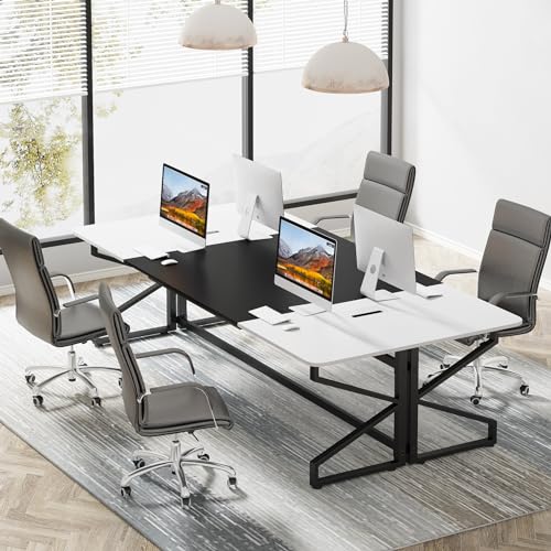 Tribesigns 8FT Conference Table, Modern Rectangular Meeting Room Table with Cable Grommet, 94.48L x 47.24W x 29.52H Inch, Large Seminar Table for Home Office, Meeting Room (White and Black)