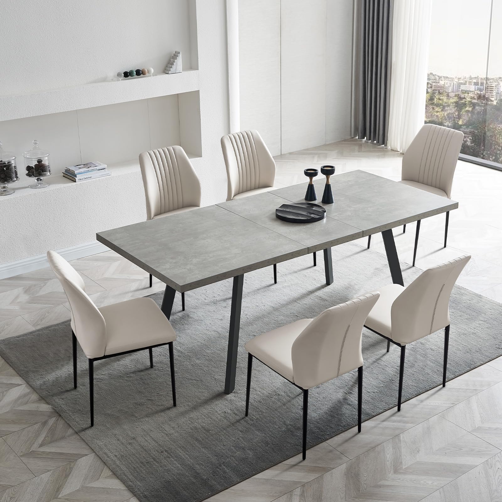 Zerifevni Dining Table Set for 6, Mid-Century Kitchen Table Set for 6-8 Person for Dining Room, Steel Legs
