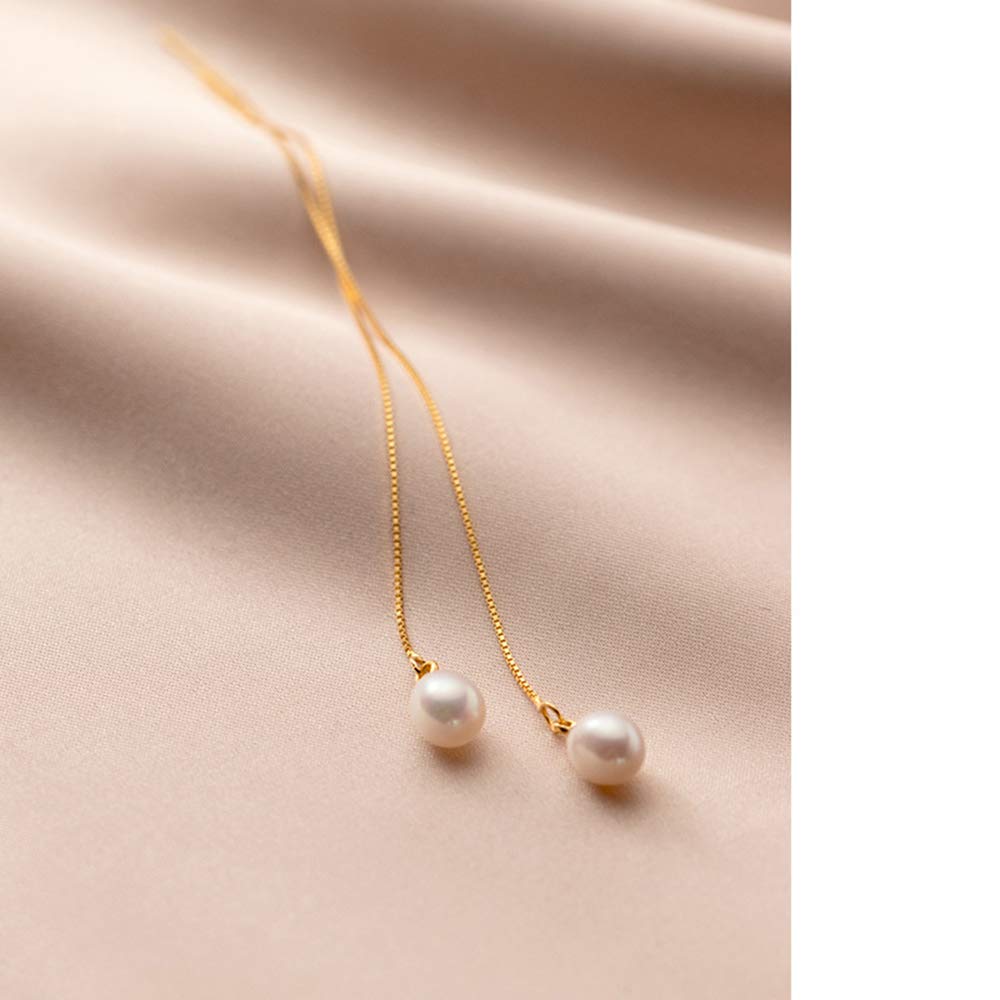 Waterdrop Pearl Sterling Silver Threader Earrings for Women Girls Elegant Shell Pearl Long Tassel Chain Dangle Drop Statement Earring Studs Ear Line Dainty Jewelry Gifts Hypoallergenic 18K Gold Plated (Yellow Gold)