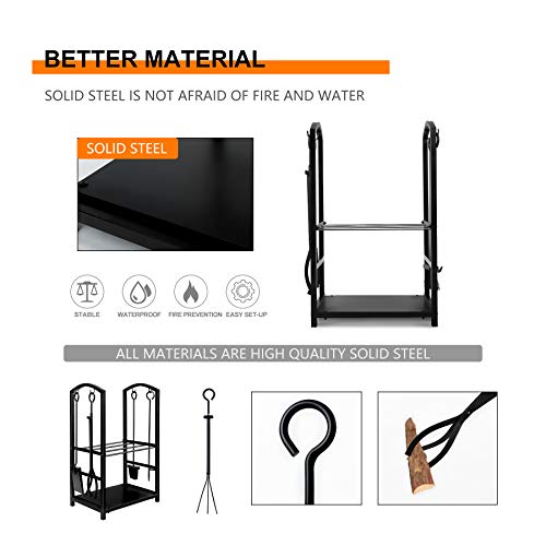 WBHome Firewood Rack with 4 Tools - Iron Fire Log Holder Storage Set Includes Brush, Shovel, Poker, and Tongs, 17 x 29 x 12 inches, for Indoor/Outdoor