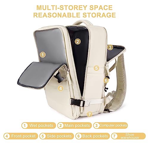 UPPACK Travel Backpack For Women Men Carry On Backpack Flight Approved Gym Bag With Shoe Compartment Hiking Waterproof Laptop Backpack College Essentials Off White