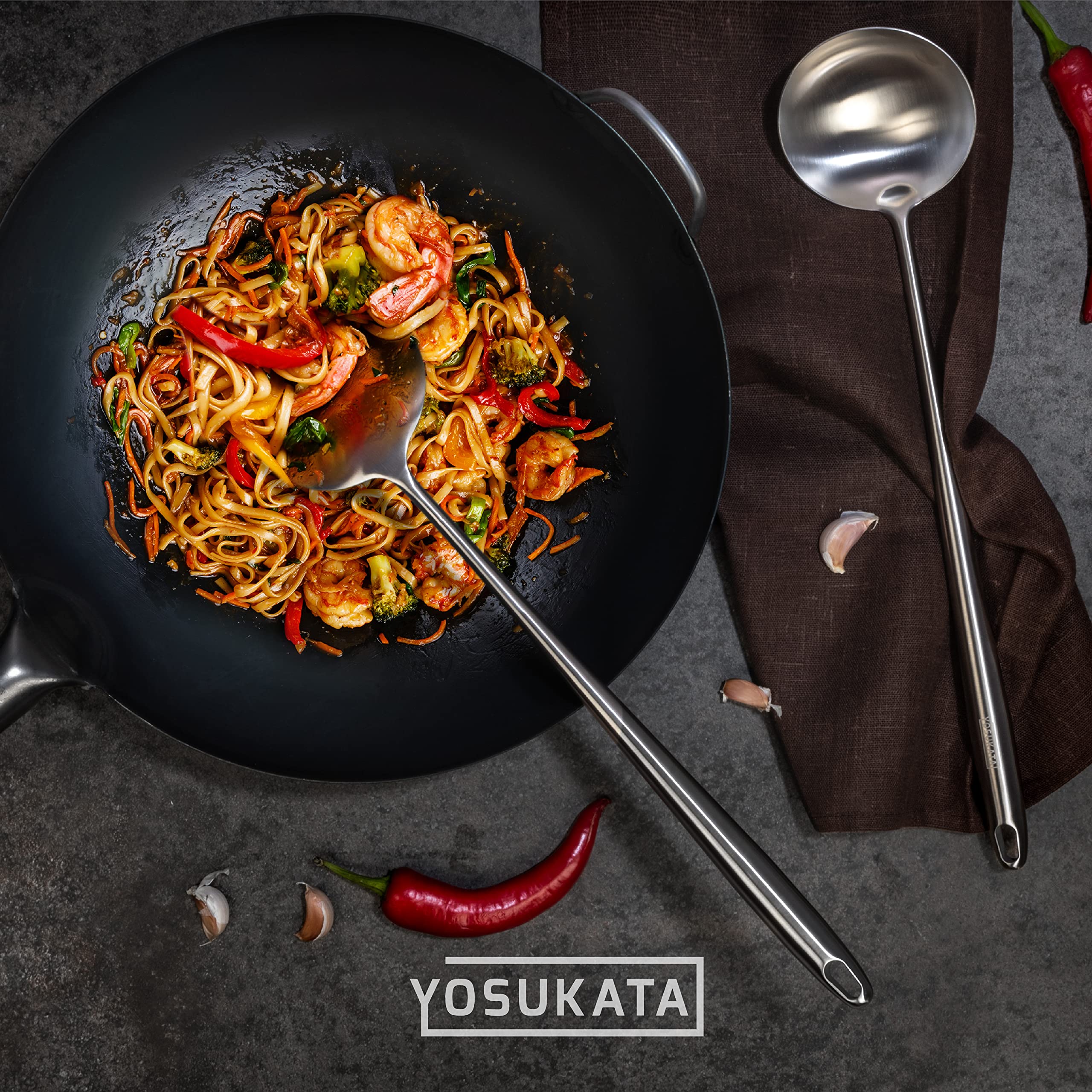 YOSUKATA Carbon Steel Wok Pan 14β + 17ββ Wok Spatula and Ladle + Premium Wok Cover 14 inch Pan Lid