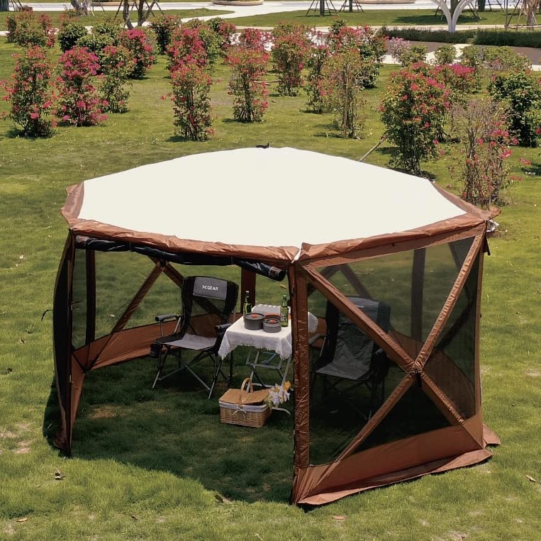 XGEAR 6 Sided Pop Up Camping Gazebo 11.5βx11.5β Instant Canopy Tent Sun Shelter Screen House with Mosquito Netting, for Patio, Backyard, Outdoor,Brown