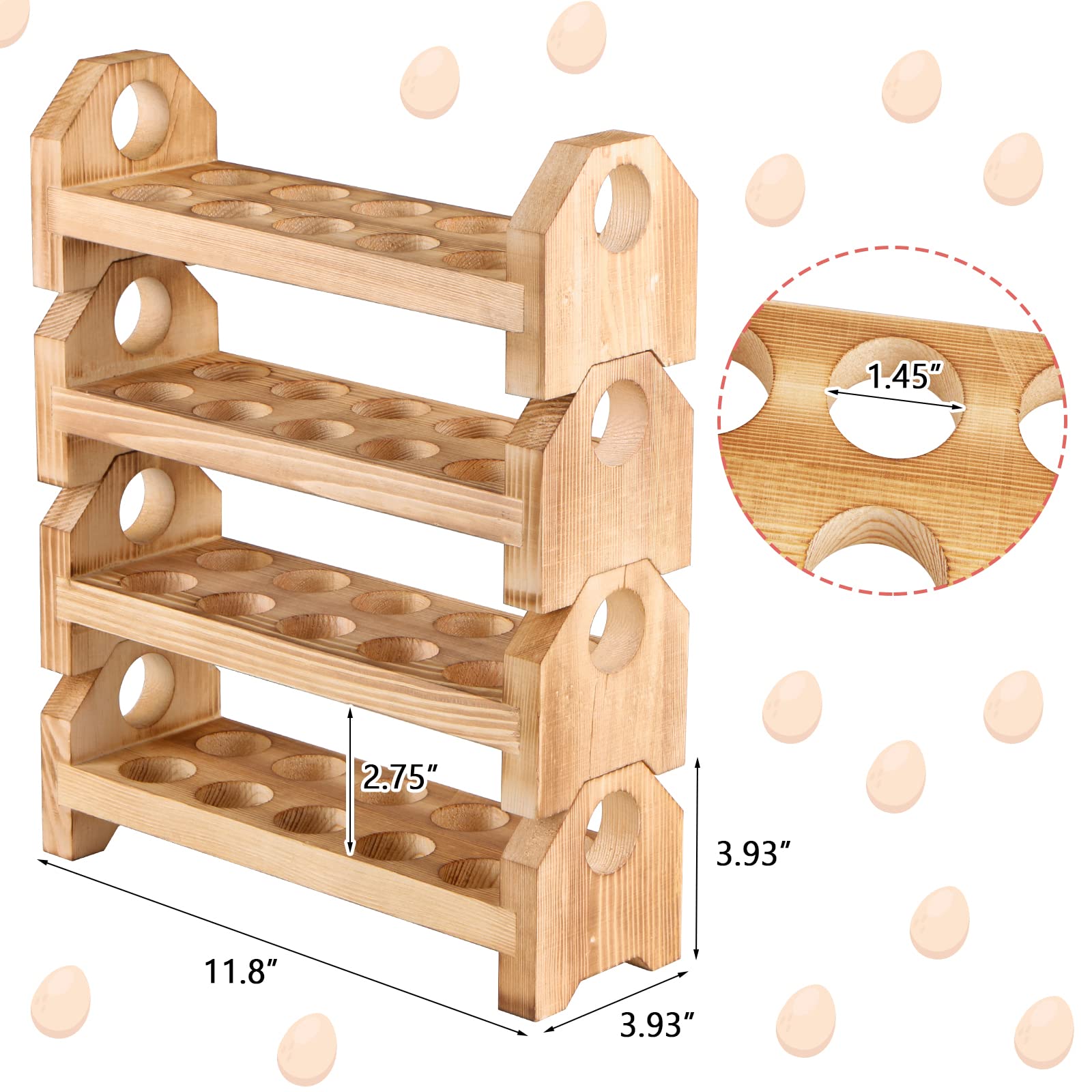 Wooden Egg Holder Countertop, 4 Egg Storage Trays Stackable for 40 Fresh Eggs, Egg Tray Organizer Rustic Kitchen Decoration, Egg Container Rack for Kitchen Organization