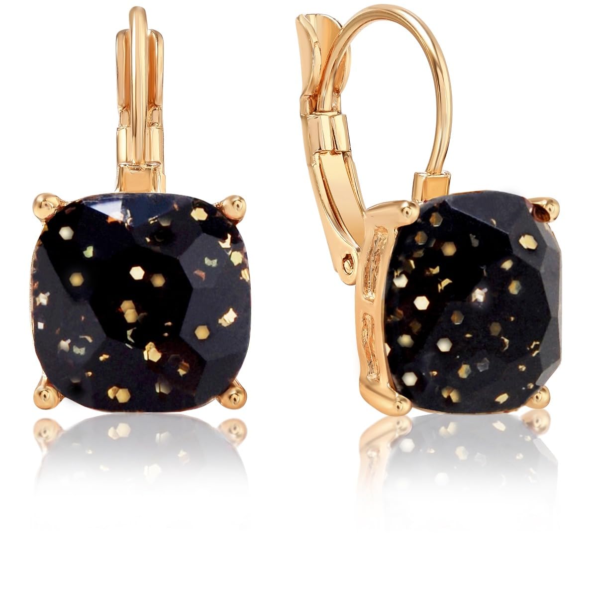 Square Earrings for Women - Leverback Earrings, Sparkle Earrings, Gold-Tone Glitter Earrings, Lever Backed Earrings for Women, Womens Earrings, Black and Gold Earrings, Drop Earrings for Women Dangle