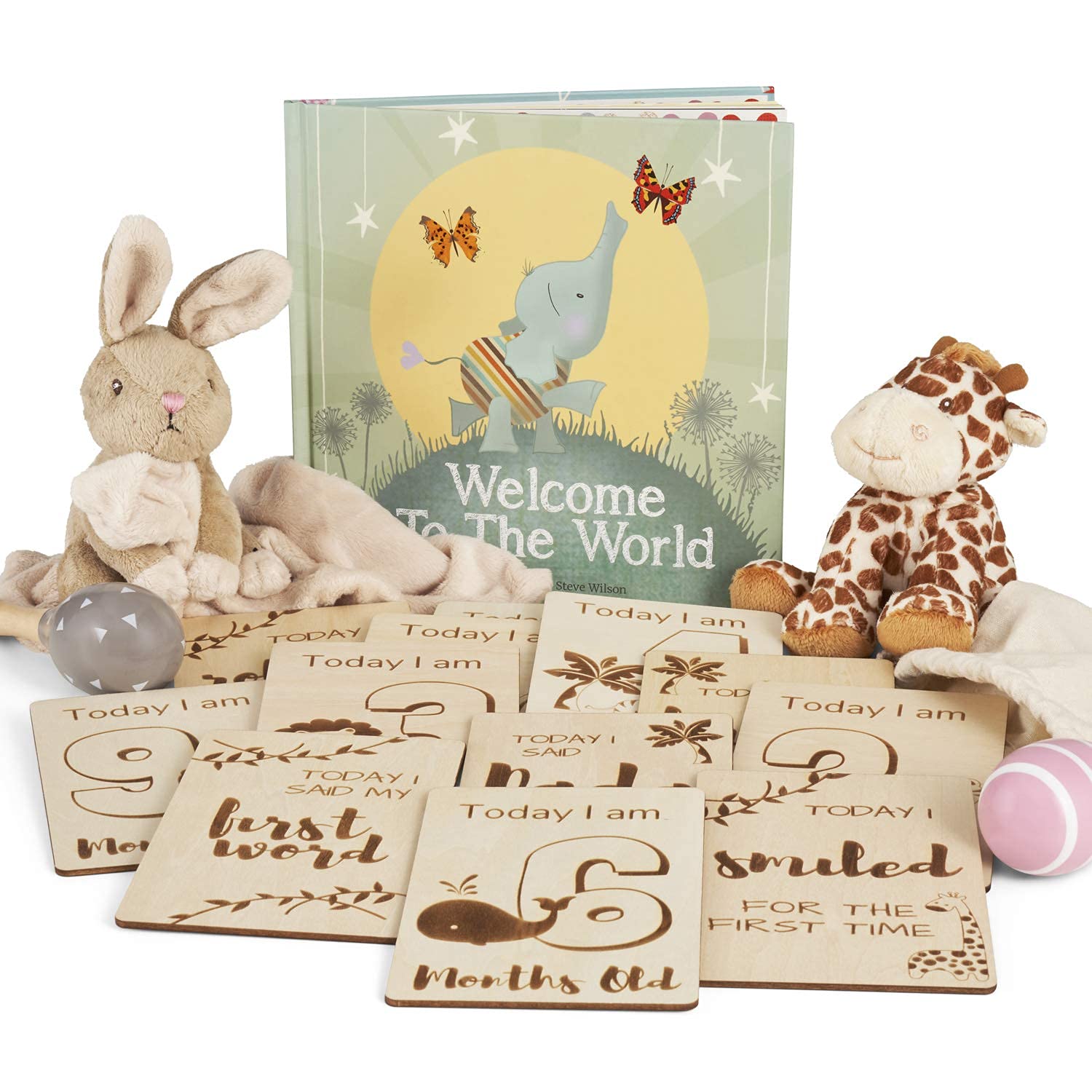 Wooden Monthly Milestone Cards - 24 Double Sided Cute Jungle Designs Organic Drawstring Bag Perfect Unisex Gender Neutral Gift