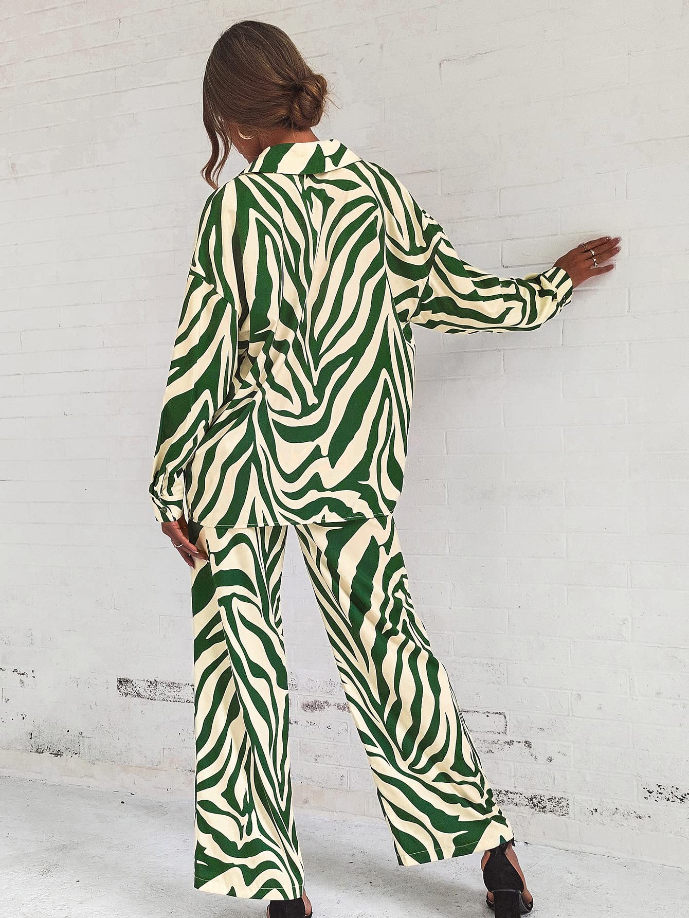 WDIRARA Women's Zebra Print Button Drop Shoulder Long Sleeve Blouse and Pants 2 Piece Outfit Set Teal Blue and White M