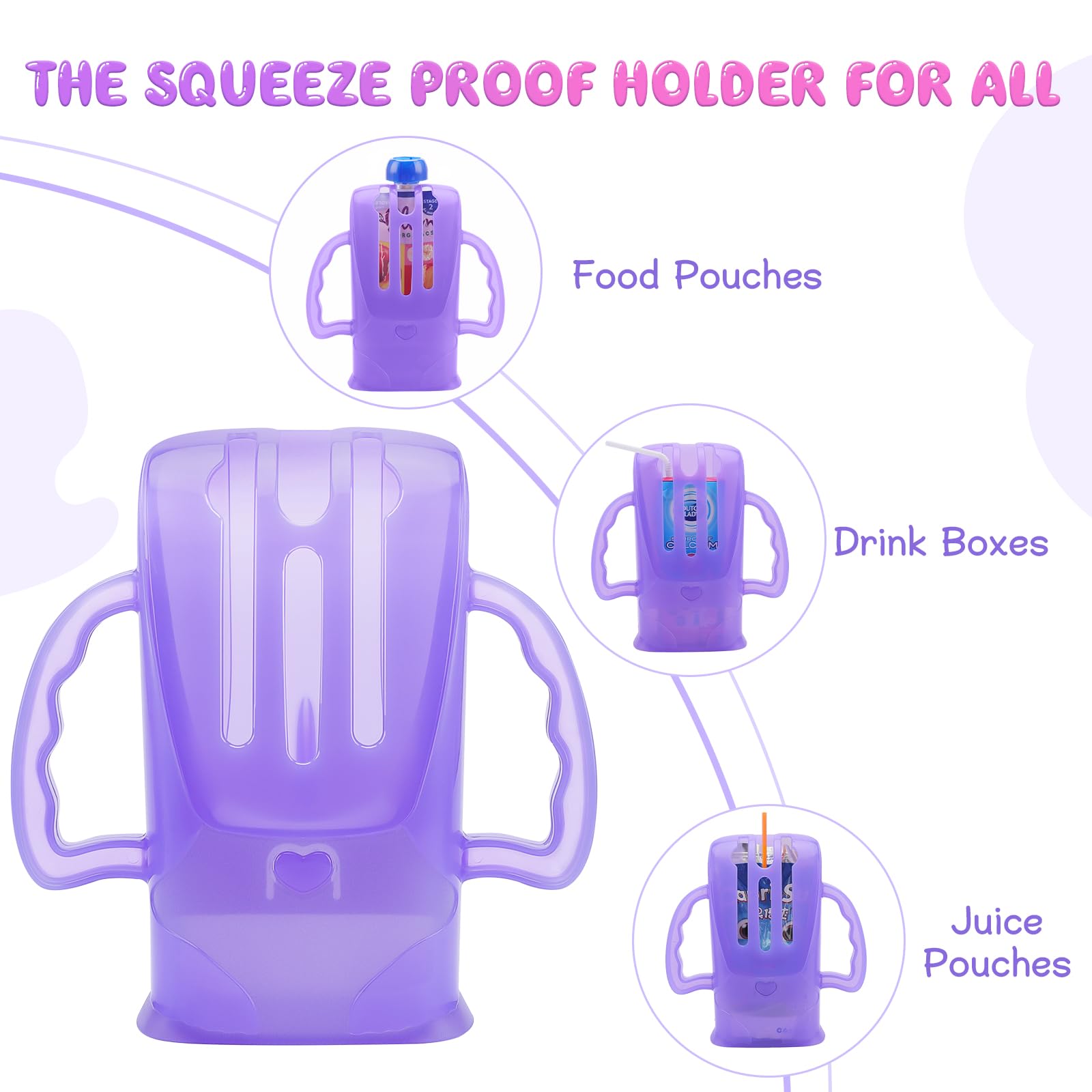 Squeeze Proof Holder for Food Pouches & Juice Boxes, Universal Multipurpose Design, Makes Baby More Fond of Self-Feeding, Prevent Messes, Food Safe (Purple)