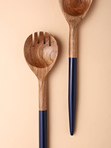 YoTreasure Tiramisu Resin & Wood Blue Salad Server Set Utensils for Modern Serving and Cooking