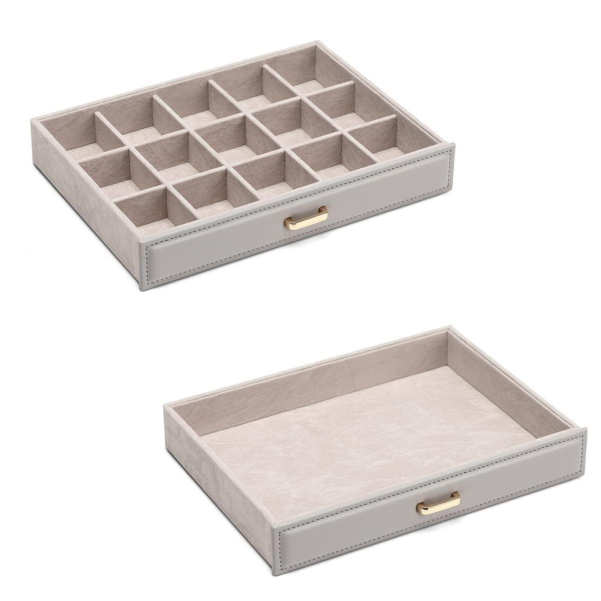 Vlando Jewelry Box Organizer, Leather Jewelry Display Case, 2 Jewelry Tray Drawer Storage for Necklaces, Earrings and Rings, Grey