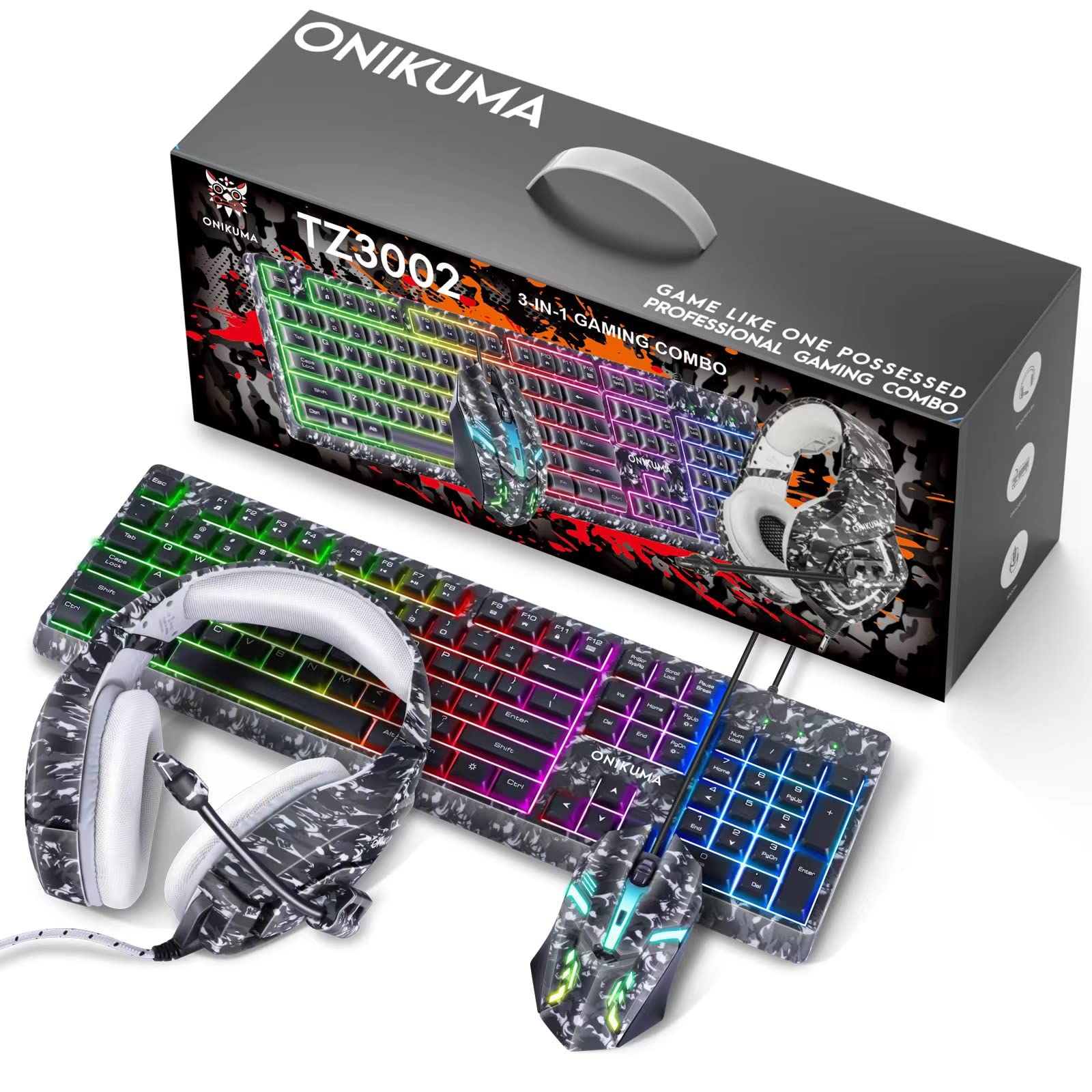 Zhhcyyds K1B Gaming Keyboard and Mouse and Headset Combo, Wired PC Gaming Accessories for PC Setup, Ergonomic Computer Mechanical Keyboard Llight Up Gaming Gifts Set (Camouflage grey)