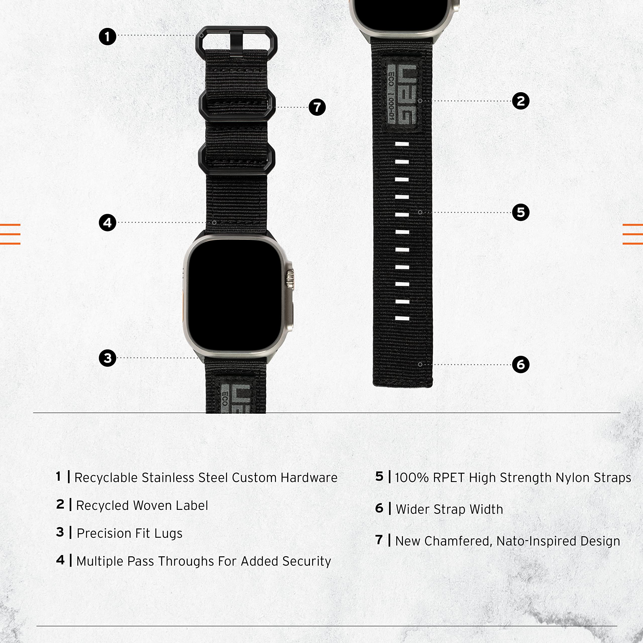 URBAN ARMOR GEAR UAG Compatible with Apple Watch Band 49/45/44/42mm for iWatch Series Ultra 2/9/Ultra/SE2/8/1-7/SE Nato Eco Graphite/Black (New Edition) Nylon Sport Adjustable Replacement Strap