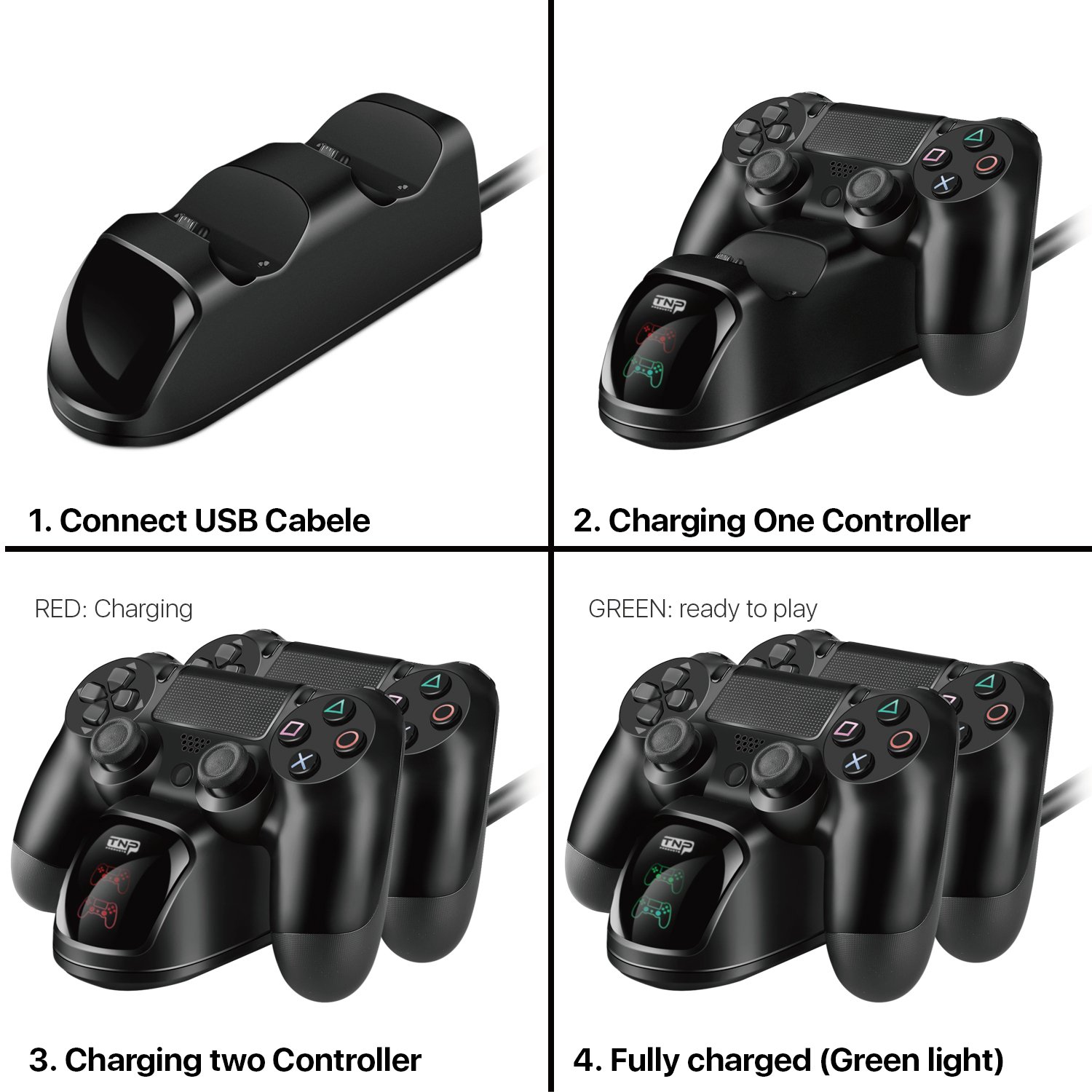 TNP PS4 Controller Charging Station Dock Stand PS-4 Dualshock Control Gamepad USB Port Dual Charger Cradle Base with Cable & LED Indicator for Sony Playstation 4 Pro Slim Wireless Gaming Game (Black)