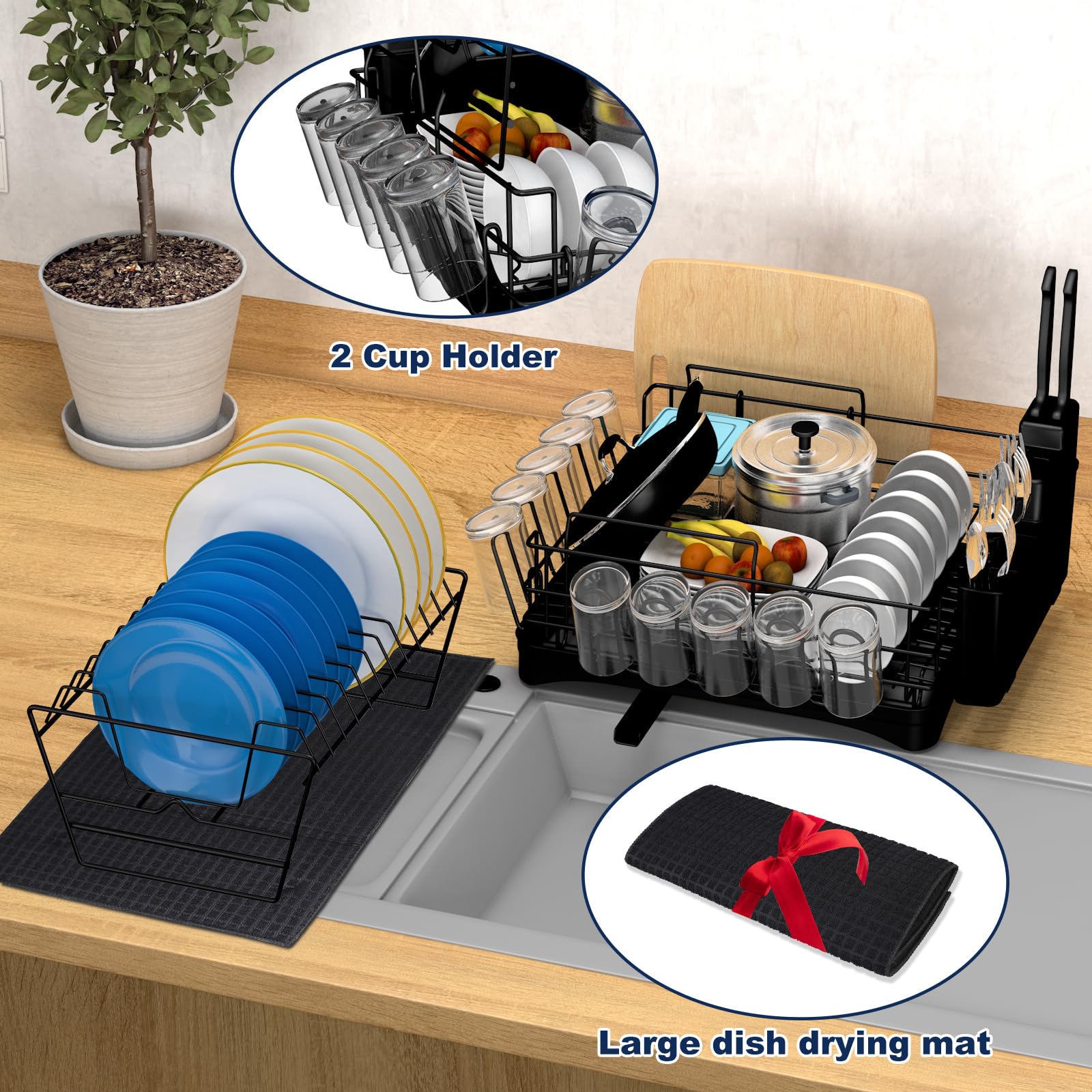 Yilingchild Dish Drying Rack, 2-Tier Dish Rack for Kitchen Counter,Large Dish Strainers with Drainboard , Dish Drainers with 2 Cup Holder, Extra Drying Mat,Black Utensil Holder
