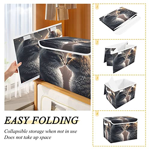 Vnurnrn Collapsible Storage Bin with Lid (Romantic Cats), Foldable Storage Boxes Cube with Lid for Clothes Toys 16.5×12.6×11.8 Inch