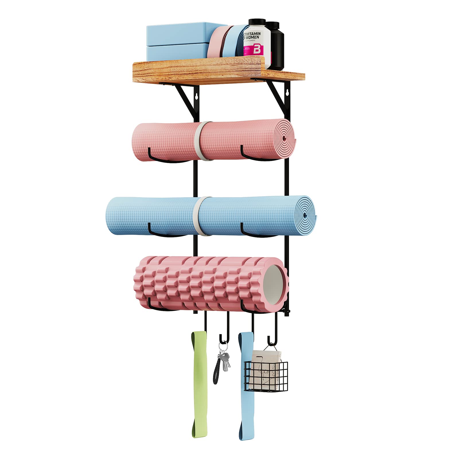Yoga Mat Holder Wall Mount, Yoga Mat Storage with 4 Hooks, Home Gym Accessories with Wood Floating Shelf Decor Wall Hanger 4-Layer Organizer Rack for Foam Roller Resistant Bands Workout Equipments