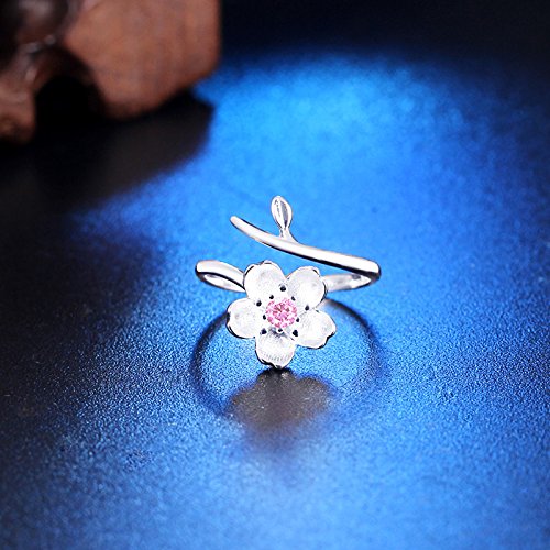 XCFS S925 Sterling Silver CZ Cherry Blossom Flower Purple Amethyst Women Open Band Ring,Adjustable