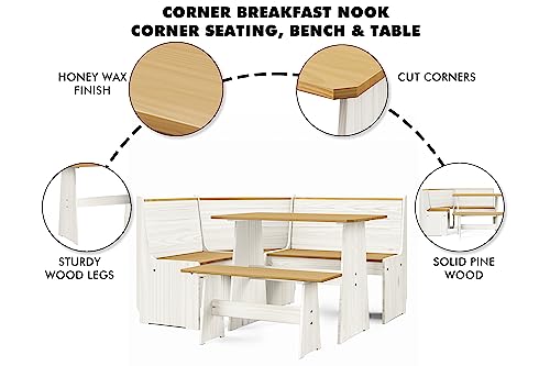 Urban Home Furniture Chapman 2 Tone Natural/White Solid Wood Corner Dining Set, Reversible Breakfast Nook