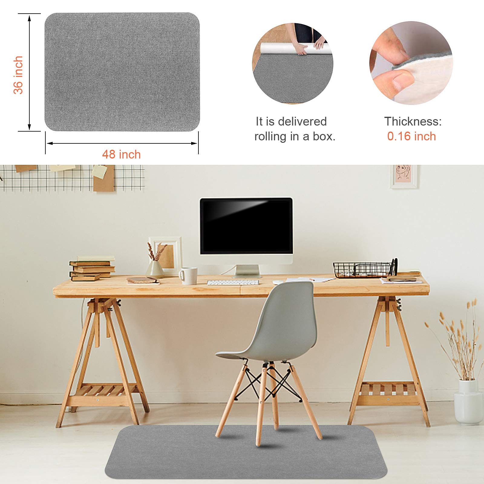 Vicwe Office Chair Mat, 1/6" Thick 48" x 36" Multi-Purpose Low Pile Desk Chair Mat for Hardwood Floor Only, Upgraded Version (Light Gray, 36"x48")
