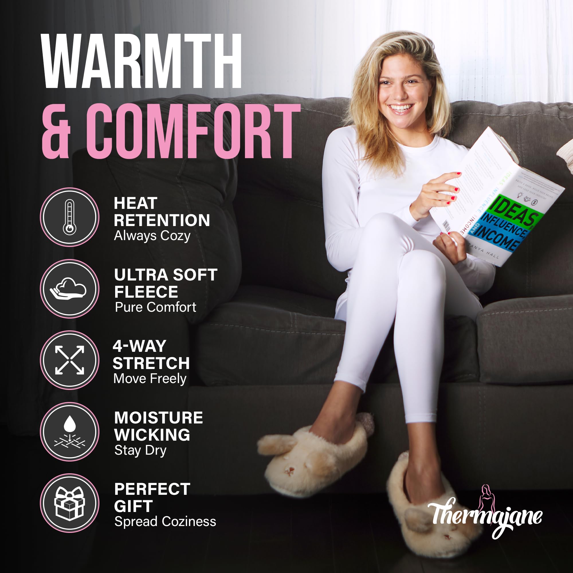 Thermajane Long Johns Thermal Underwear for Women Fleece Lined Base Layer Pajama Set Cold Weather (Large, Pink)