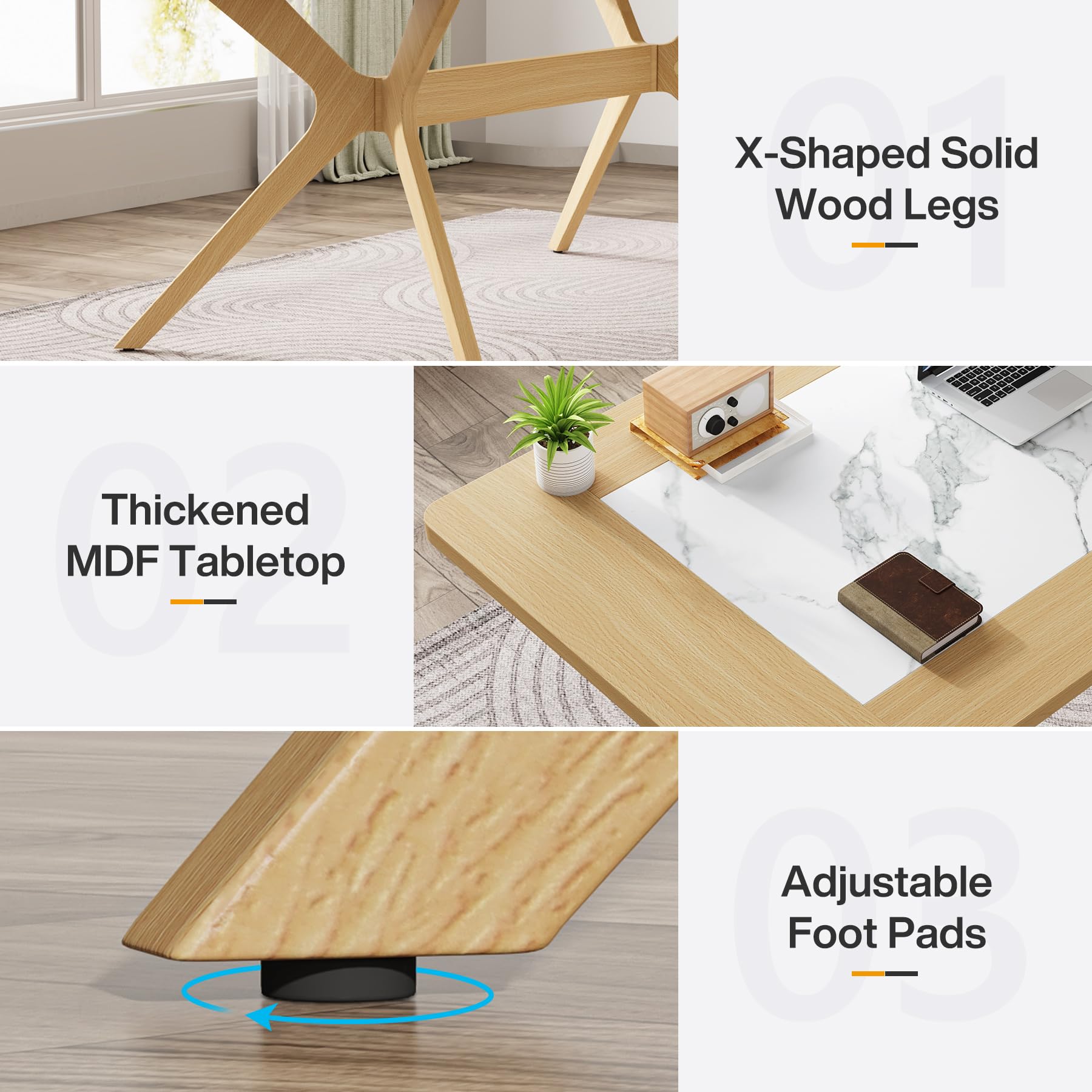 Tribesigns 63-Inch Executive Desk, Modern Office Desk with Solid Wood X-Shape Frame, Large Computer Desk Writing Table Business Furniture for Home Office (Oak and White Marble)