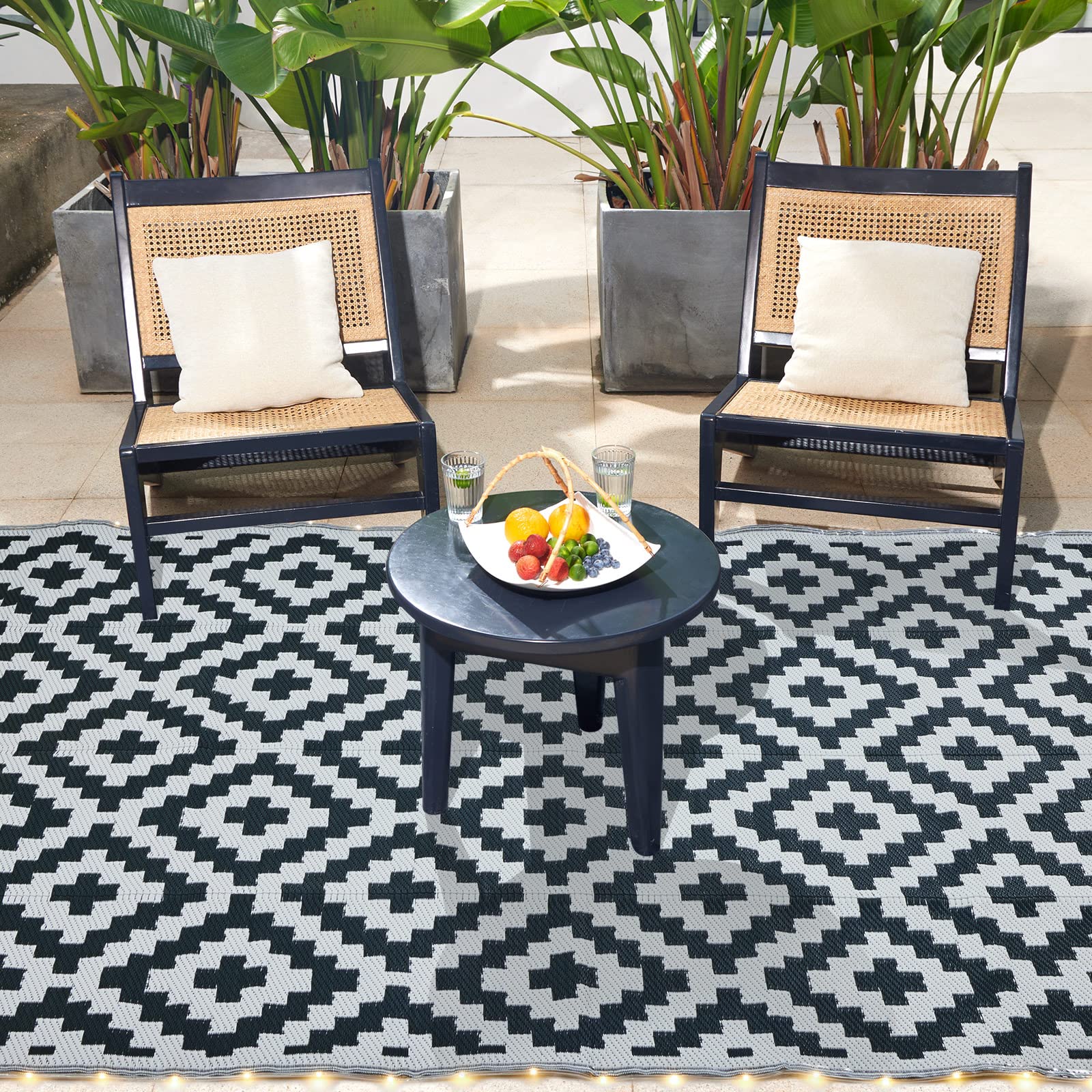 URBEST Outdoor Camping Mats Rugs Reversible Waterproof RV Deck Porch Plastic Rugs Black-White 9x12 Feet