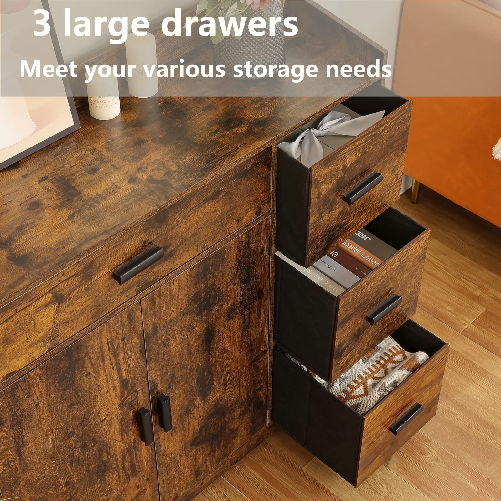 usikey Storage Cabinet with 2 Doors & 4 Drawers, Freestanding Cabinet with Adjustable Shelves, Wooden Sideboard, Accent Cabinet for Living Room, Hallway, Kitchen, Bedroom, Rustic Brown