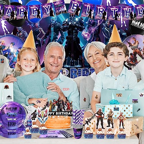 Video Game Party Supplie For 20 Guest, 288 Pcs Birthday Decorations includes Happy Birthday Banner, Backdrop, Balloon, Cake Topper, Tableware, Napkins, Stickers