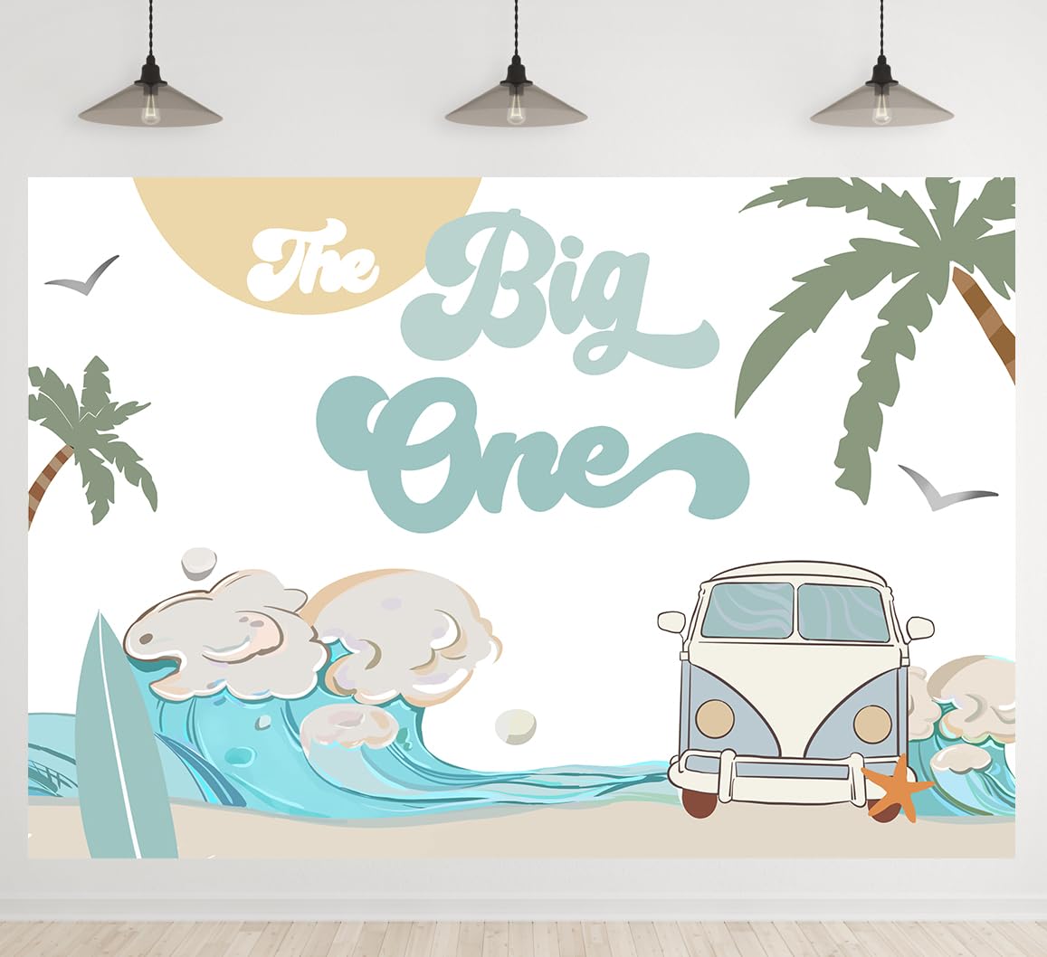 The Big One Surfing 1st Birthday Backdrop for Boys Retro Surf Van Surfboard Beach Party photography Background Boy One Birthday Party Decorations Cake Table Banner 5x3ft