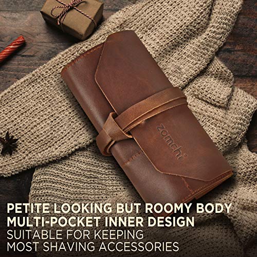 ZOMCHI Genuine Leather Safety Razor Case, Razor Travel Shave Case with Pouches for Blades, Shaving Kit (Brown)