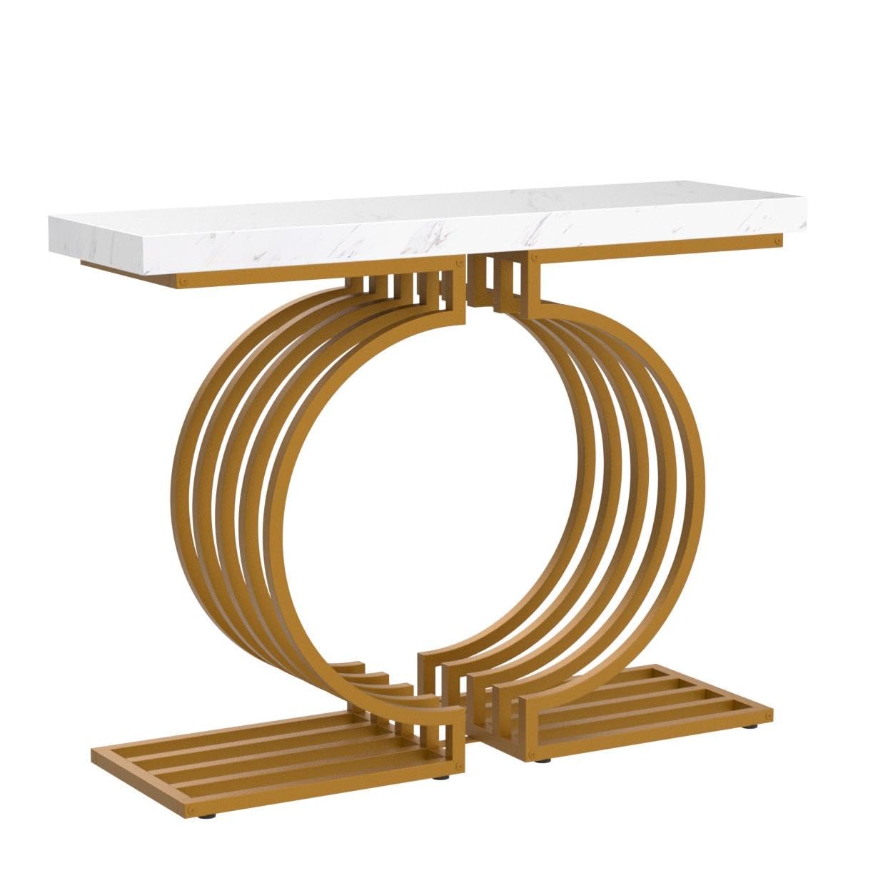 Tribesigns Modern Console Table with Gold Base, 40 inch Geometric Entryway Sofa Table Narrow Long, Contemporary Accent Table for Living Room, Entryway, Hallway, Entrance, Faux Marble White