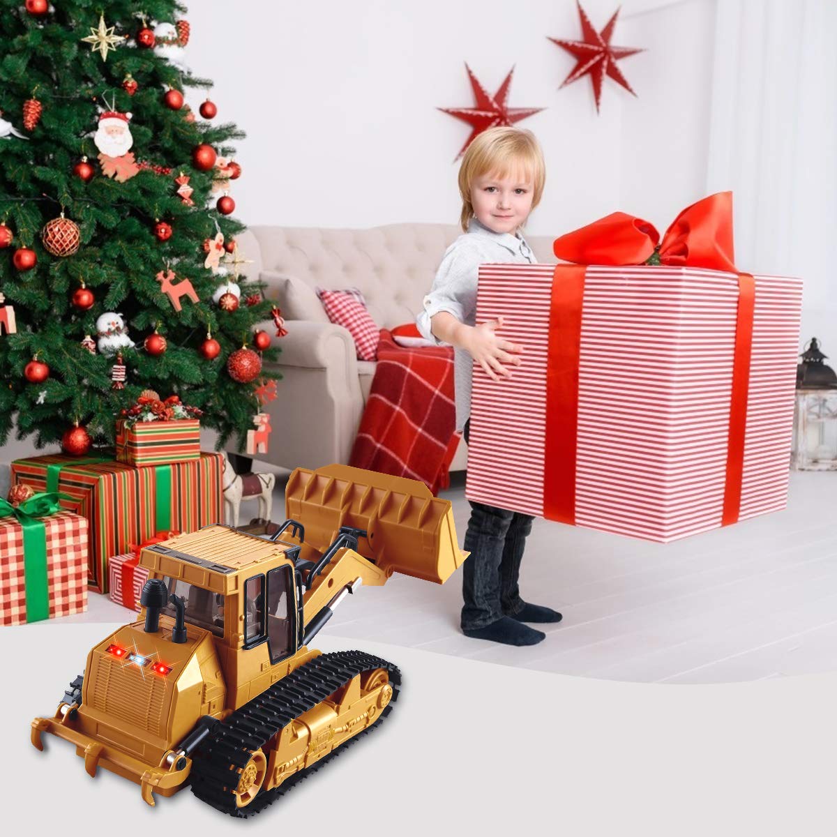 VAlinks 5 Channel RC Bulldozer, Remote Control Excavator, Full Functional Front Loader Construction Vehicles Toy with 2.4Ghz Transmitter and Shovel Lights, Simulation Sound for Kid