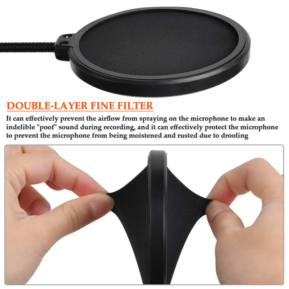 YOTINO Microphone pop filter- Dual Layered Pop Wind Screen,Flexible 360°Gooseneck Clip Stabilization Arm Mic Cover Foam windscreens for Blue Yeti,Yeti Pro Condenser Microphone 2 in 1 Pack