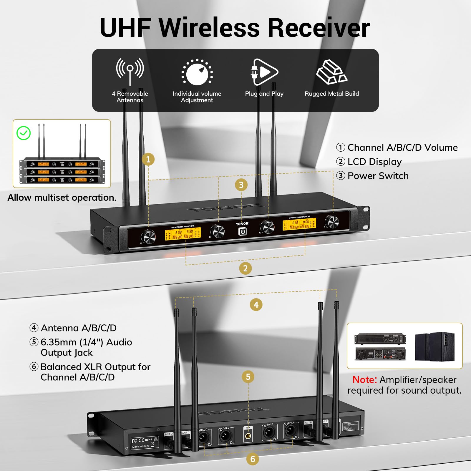 TONOR Wireless Microphones System with 4x10 Channels Dynamic Handheld Mics 4 Antennas for 295FT Long Distance Mic with Adjustable Frequencies Auto Connect for Singing Party Church Karaoke, Silver&Red
