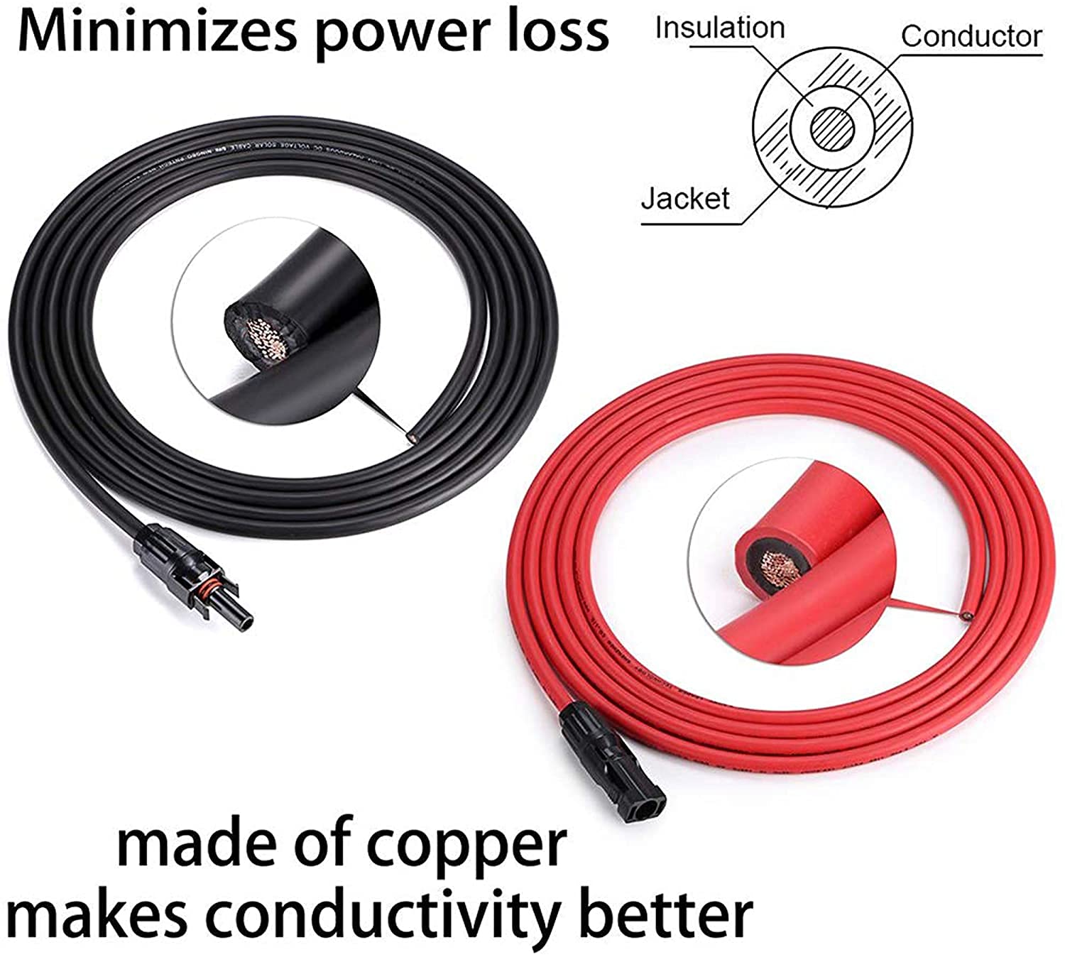 Whizzotech 12AWG/4mm² 1 Pair Black+Red Solar Extension Cable with Female and Male Connector, 10 Feet Red + 10 Feet Black
