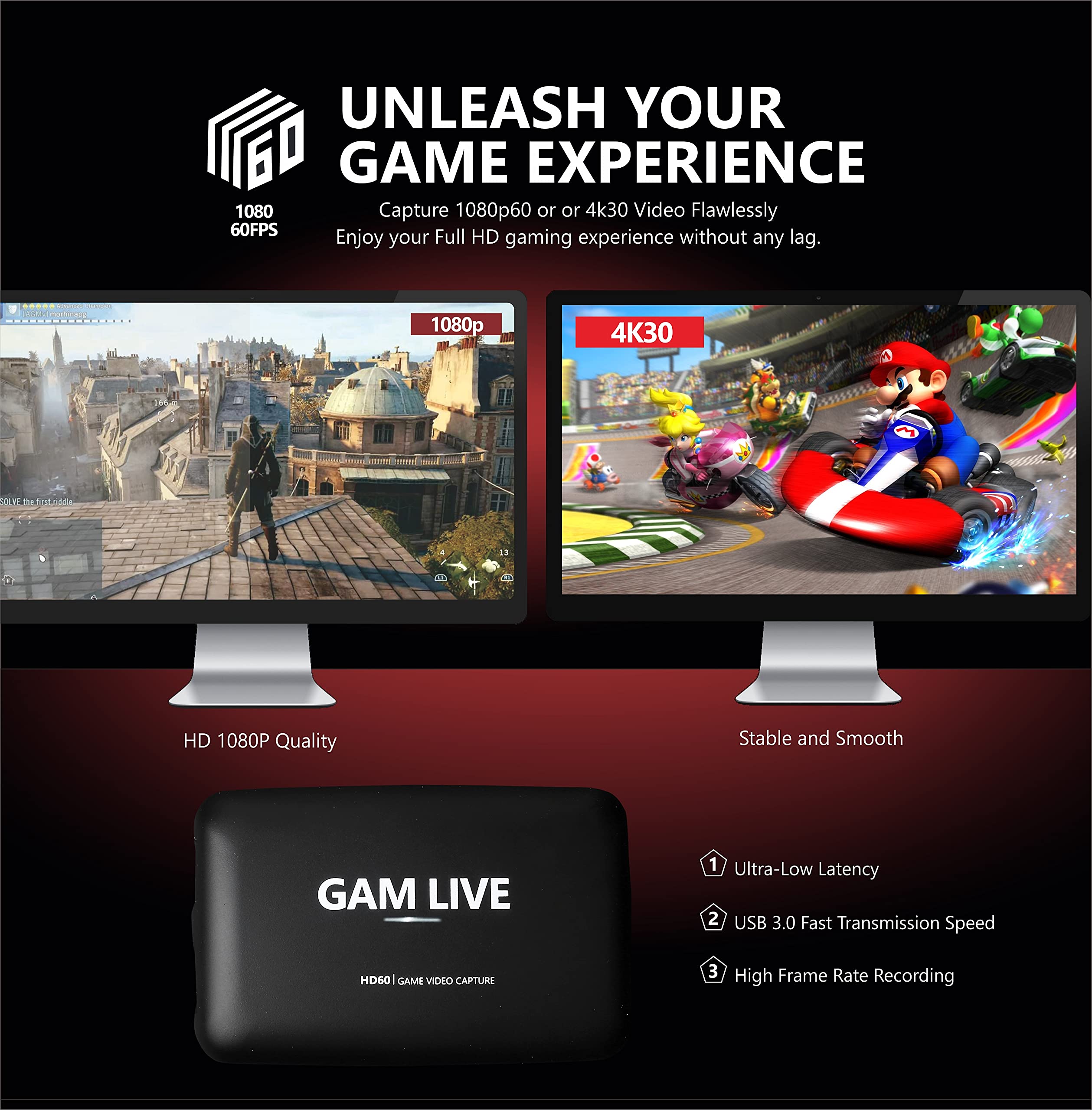 UCEC Capture card, GAM LIVE, 4K USB 3.0 Game Video Capture Card, 1080p60 and 4K30 for Live Streaming, Video Recording, Compatible with PS5, PS4, Xbox One, Xbox 360, Switch and More
