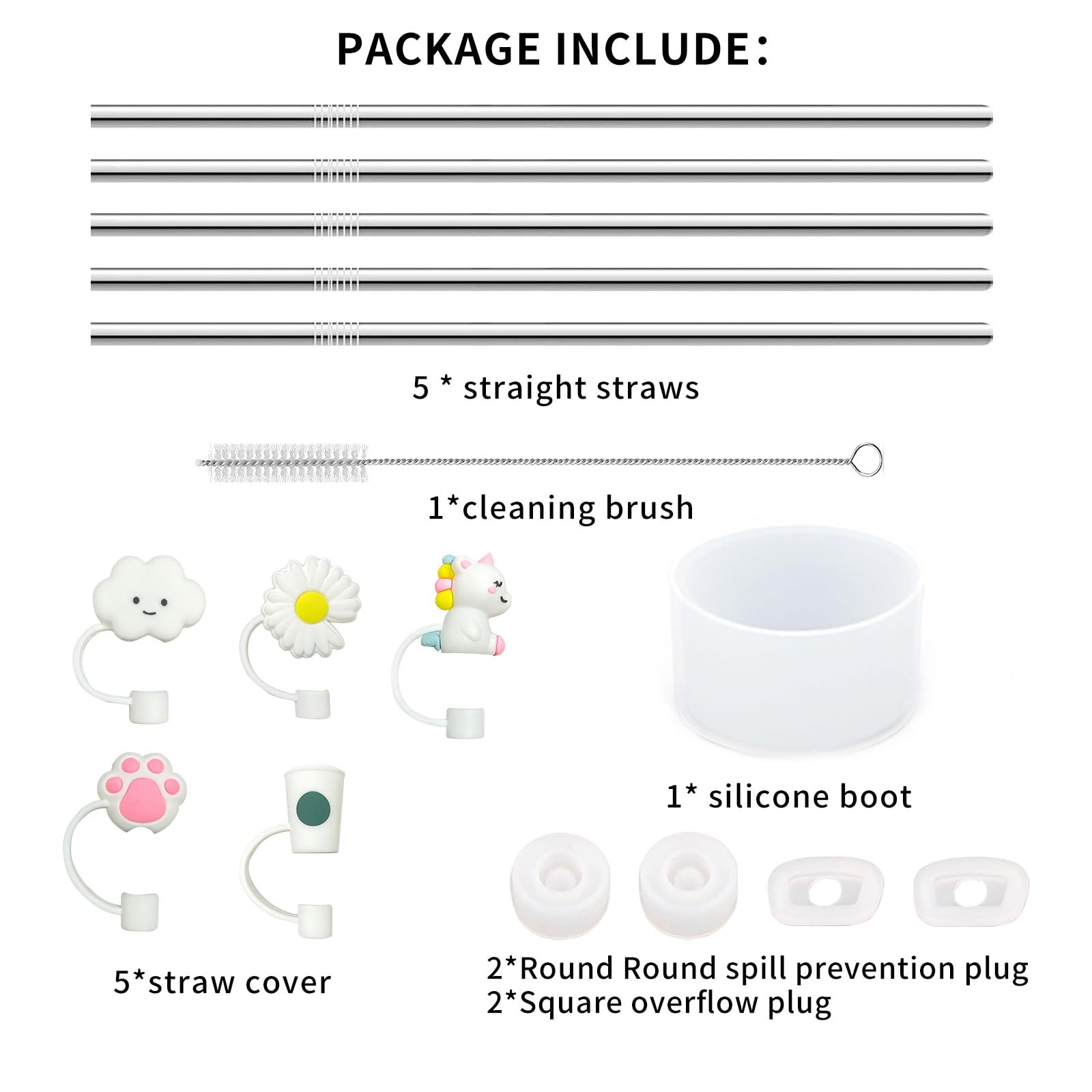 Stanley Cup Accessories 40 oz, 16Pcs Reusable 40 oz Stanley Cup Accessory Kits, 5 Stainless Steel Straws With 1 Clean Brush,5 Straw Covers, 1 Silicone Bottom Sleeve,4 Silicone Leak Proof Stoppers