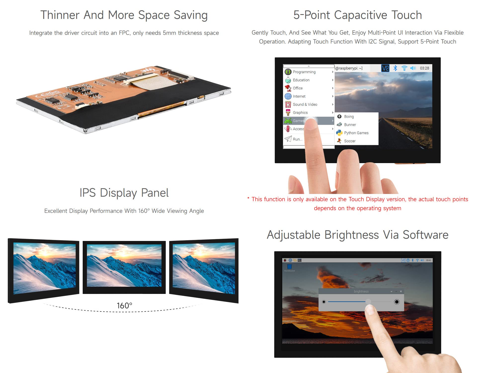 waveshare 4.3inch DSI Display, 800 × 480 Resolution, IPS, Compatible with Raspberry Pi 4B/3B+/3A+/3B/2B/B+/A+, CM3/3+/4, Touch Version