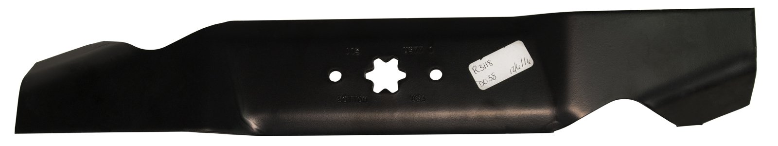 USA Mower Blades 6 MTR6771BP Notched High-Lift for MTD Toro 742-0677 942-0677 335-855 98024 Length 18-1/2 in. Width 3 in. Thickness .200 in. Center Hole 6 Point Star 54 in. Deck
