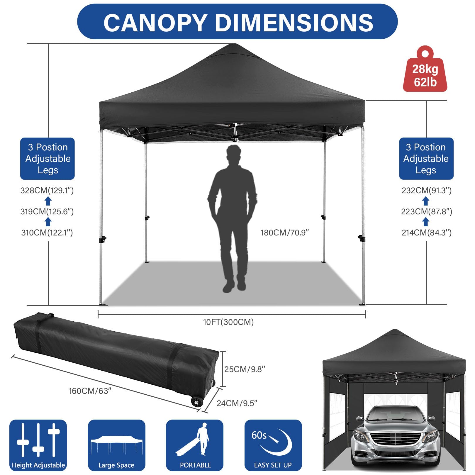 Tooluck 10x10 Pop up Canopy Commercial Heavy Duty Canopy Tent with 4 sidewalls Easy Up Outdoor Party Tent Instant Canopy All Season Windproof & Waterproof Gazebo with Roller Bag,Black(Frame Thickened)