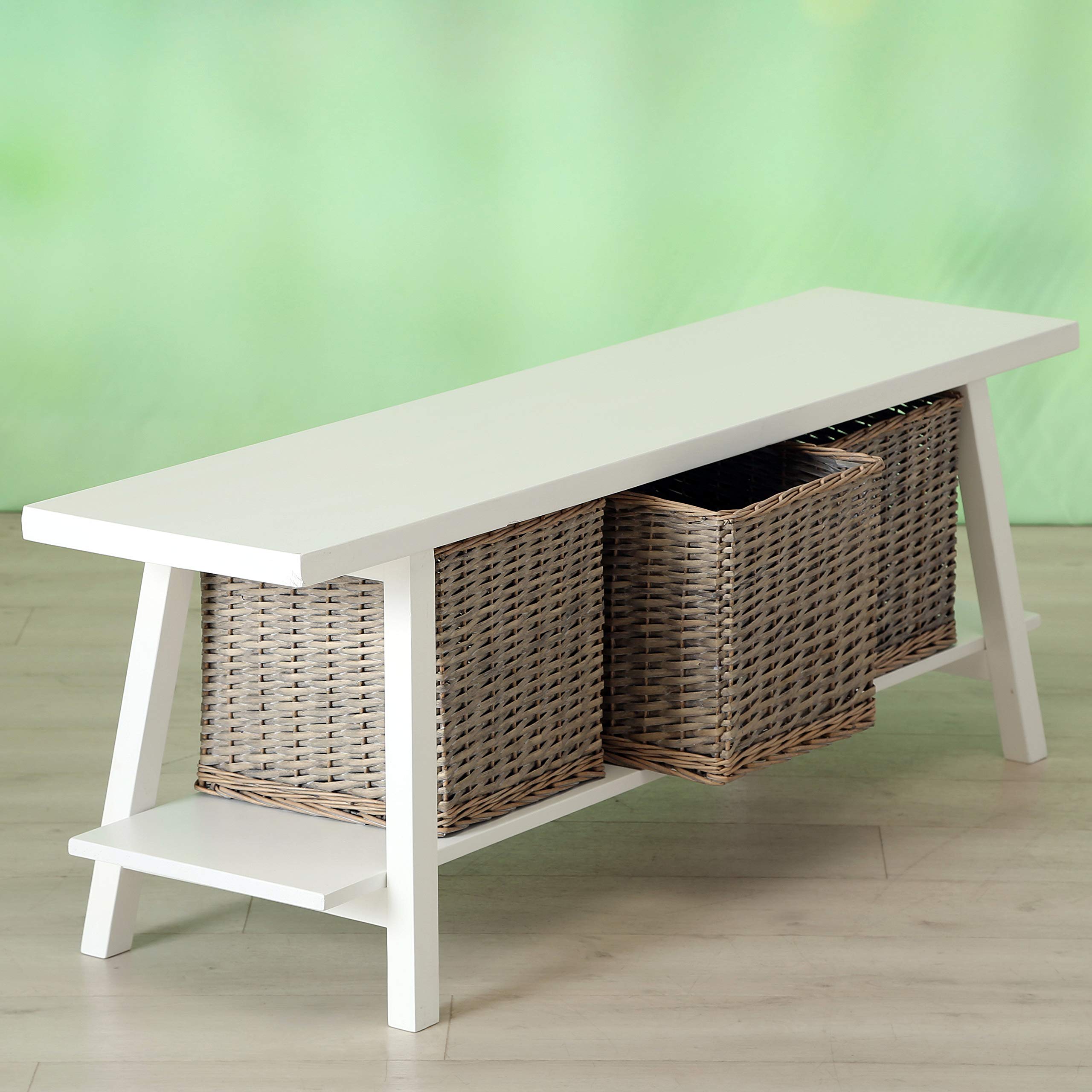 WHW Whole House Worlds Hamptons Bench, A-Frame Storage, Coastal Style Cubbies, White with 3 Brown Willow Wicker and Wood Baskets, MDF Frame, 57 Long x 12.75 Wide x 19.75 Tall Inches