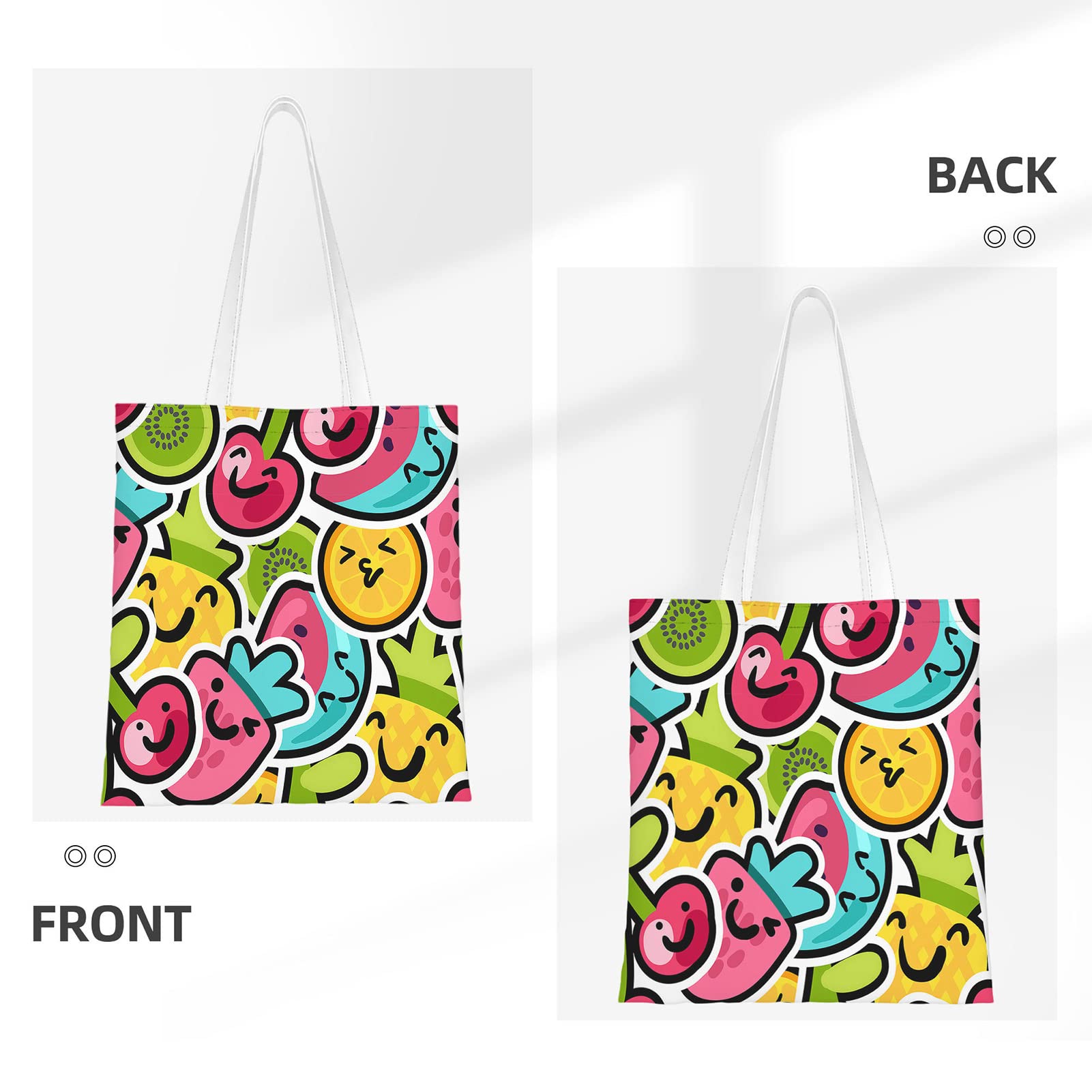 TifyDon Canvas Tote Bag,Berries Fruit Mix Pattern Reusable Large Shopping Shoulder Tote Bag For Women,Lovely Funny Pineapple Orange Watermelon Cherries Kiwi Black Happy Beach Tote Bags Bulk
