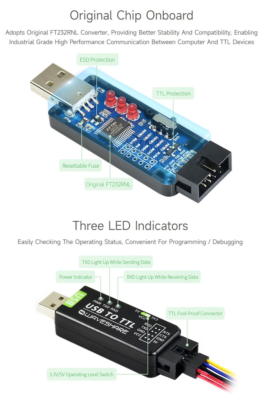 waveshare Industrial USB to TTL Converter with Original FT232RNL Onboard and Multi Protection Circuits Support Multi Systems Support Win7/8/8.1/10/11, Mac, Linux, Android, Wince
