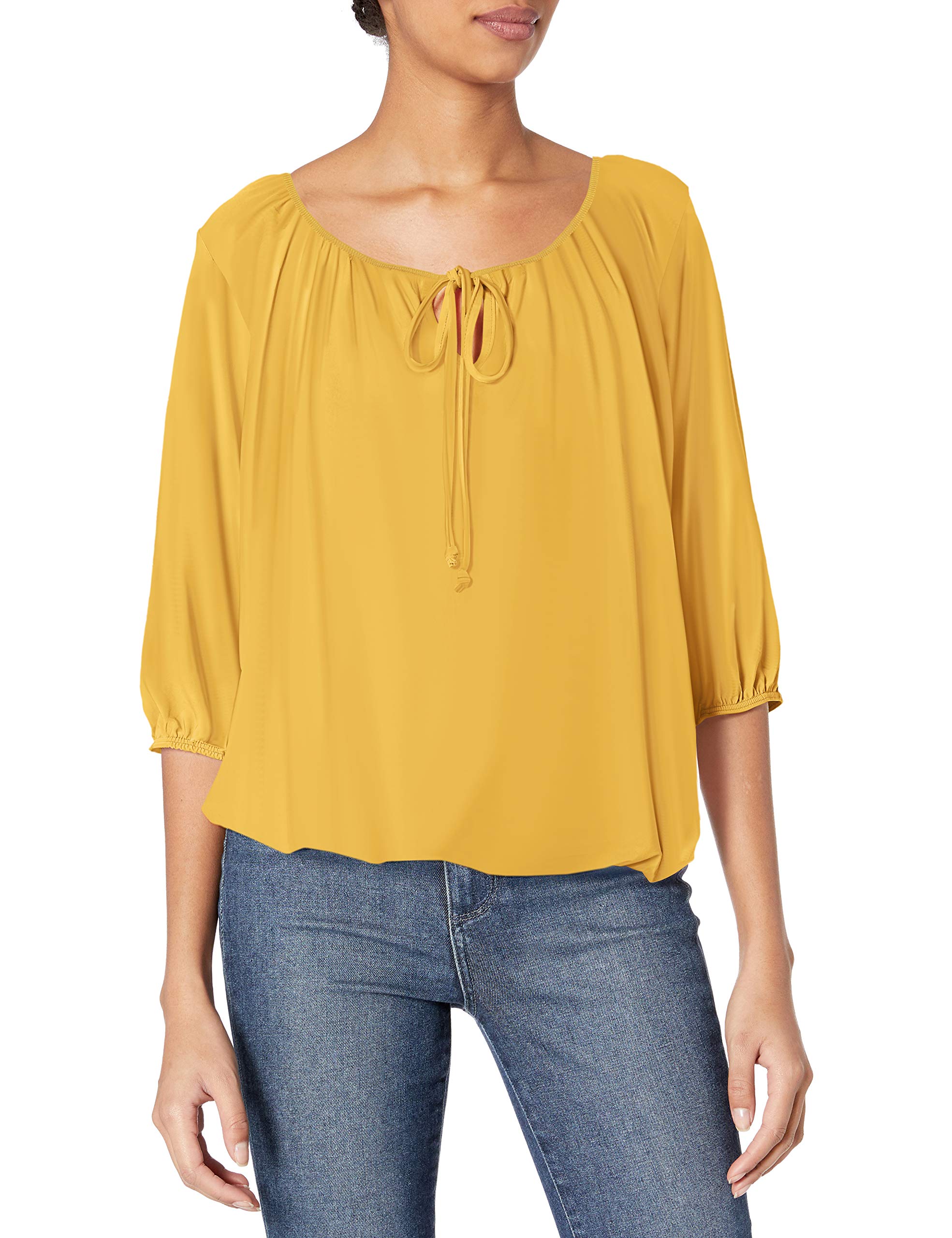 Star Vixen Women's 3/4 Sleeve, Front Tie Peasant Top, Mustard, X-Large