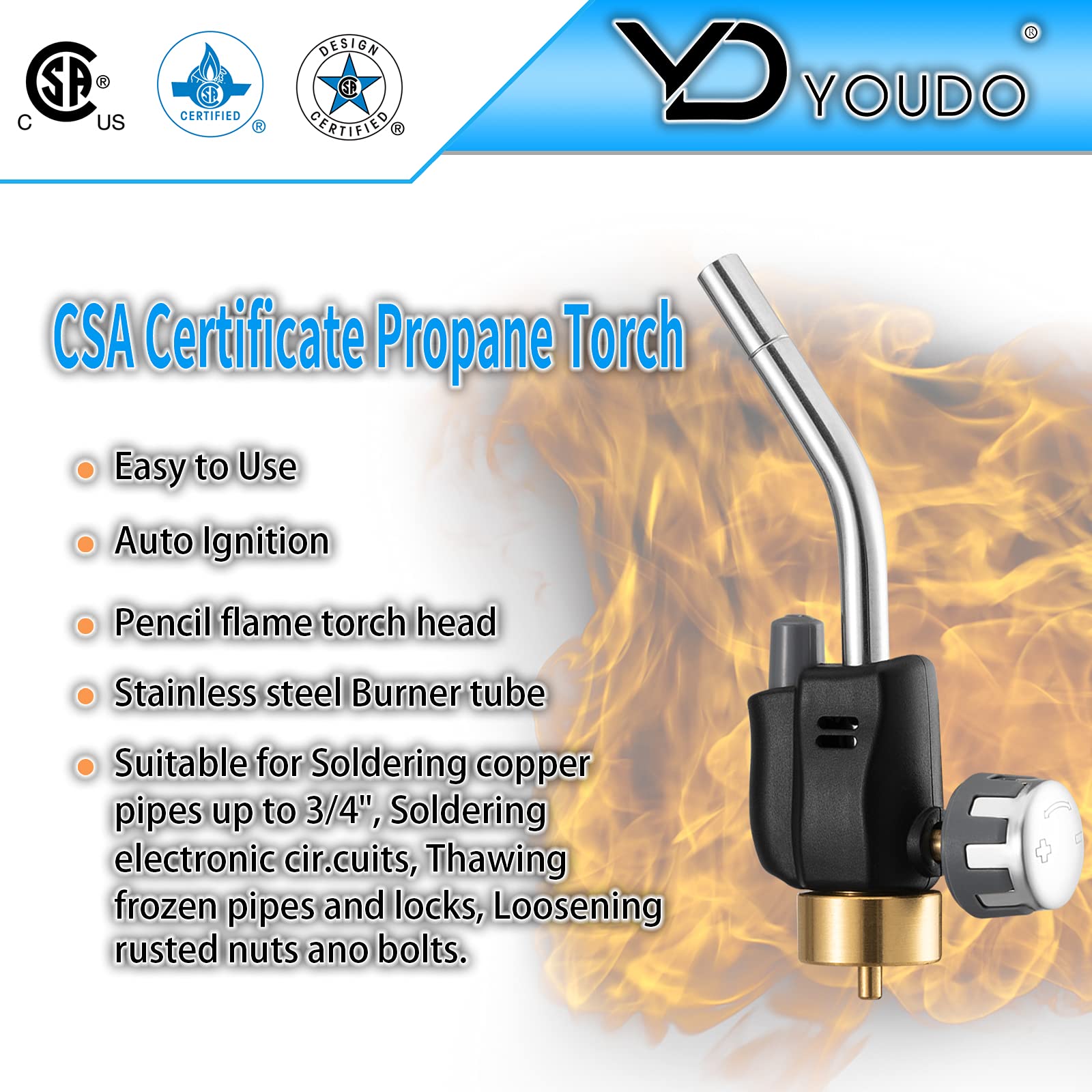 YOUDO Heavy-Duty Trigger-Start Propane Torch Powered Blow Torch Head with Easy Push Ignition, Adjustable Flame & Short-Neck Burner Tube (Keep tilt within 60 degrees and use upwards)