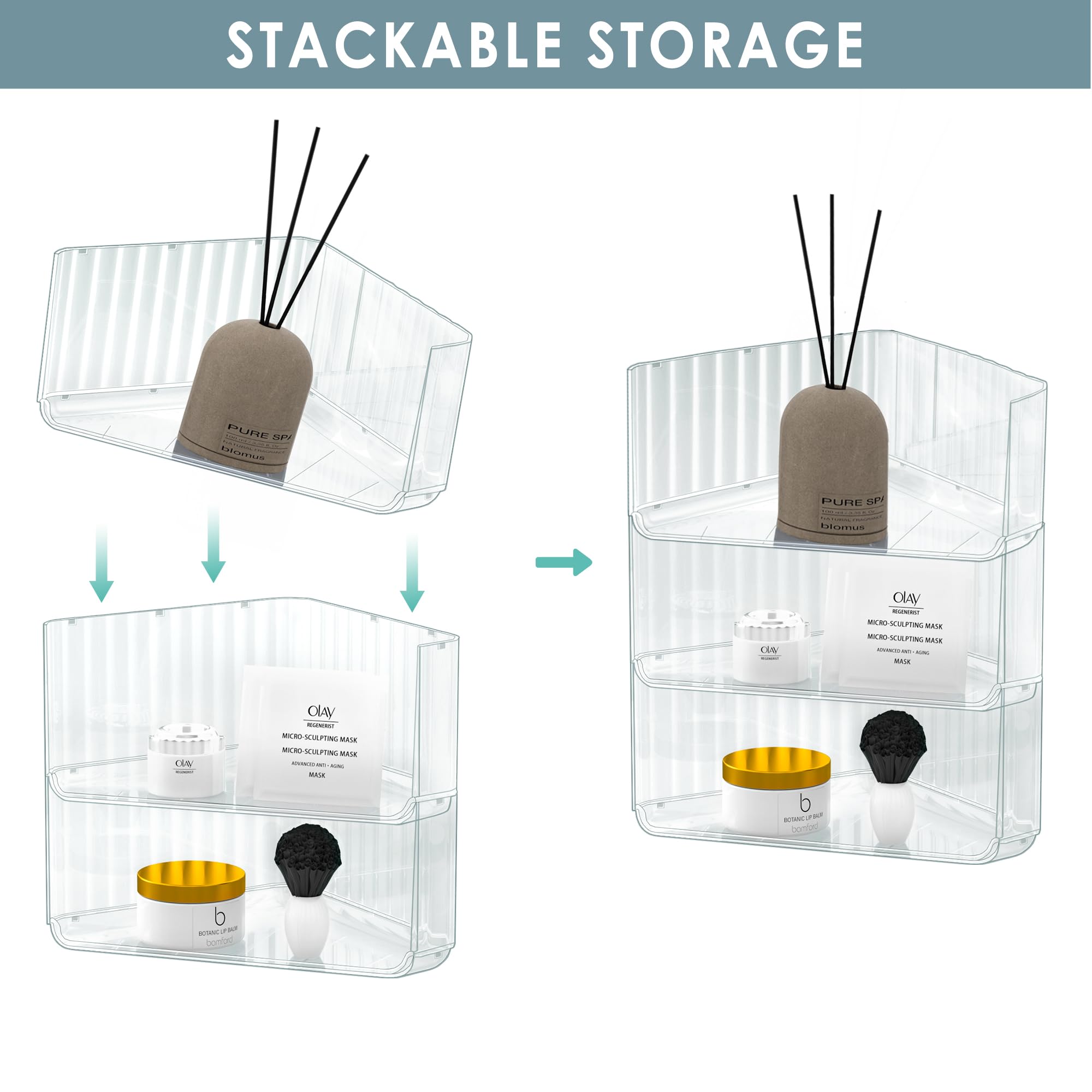 WSIGHT Skincare Organizer Shelf Stackable Corner Countertop Shelf Clear Plastic, 3 Pack Bathroom Kitchen Desktop Organizing Shelf