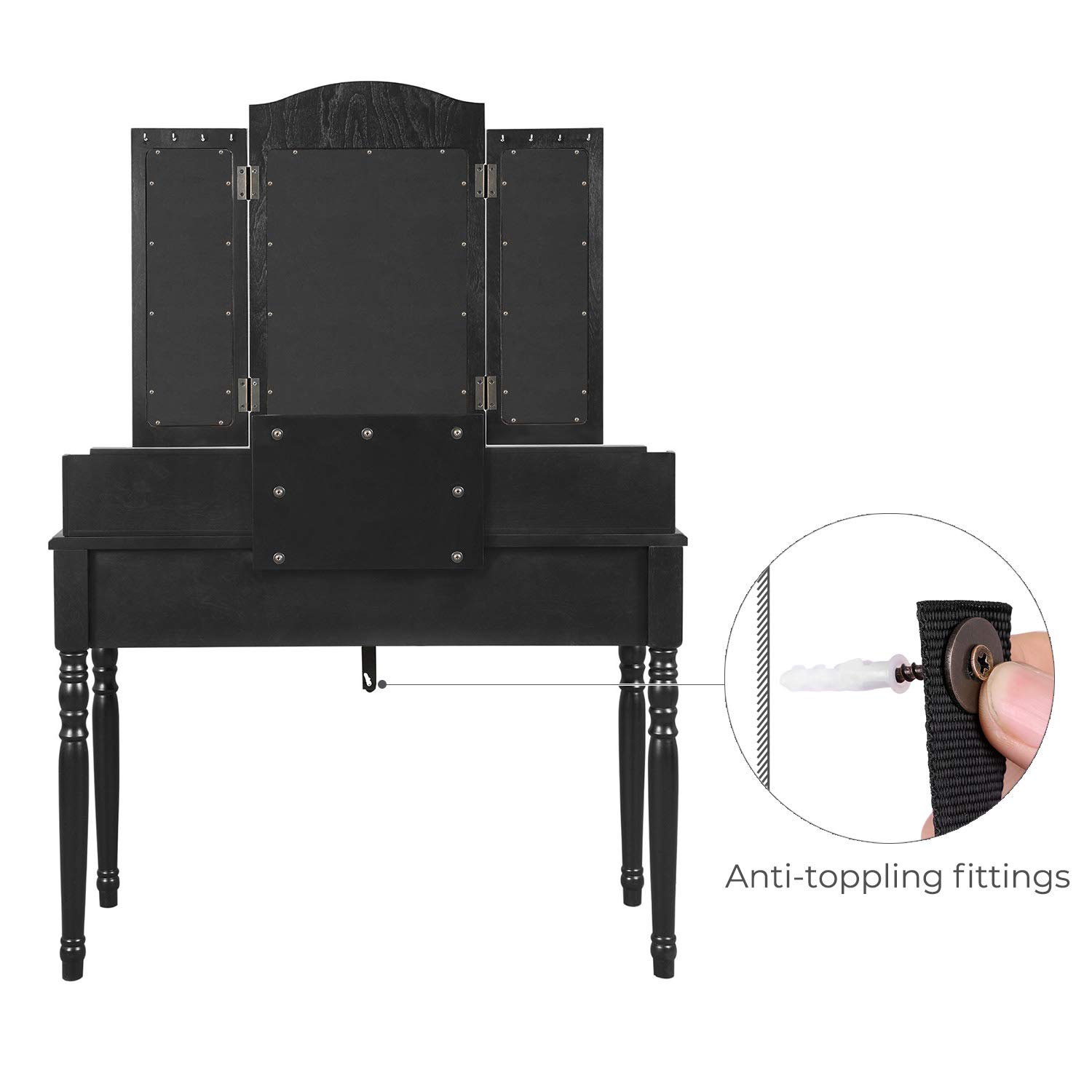 VASAGLE Vanity Makeup Set with 7 Drawers, 2 Brush Slots and 4 Open Compartments, Dressing Table with Tri-Fold Necklace Hooked Mirror, Solid Wood Legs, Cushioned Stool, Black URDT06BK